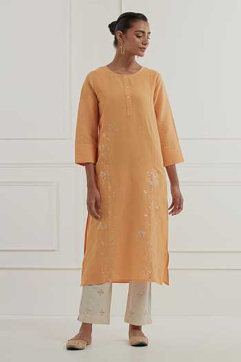 Buy Orange Linen Hand Embroidery Floral Round Neck Pitta Kurta With ...