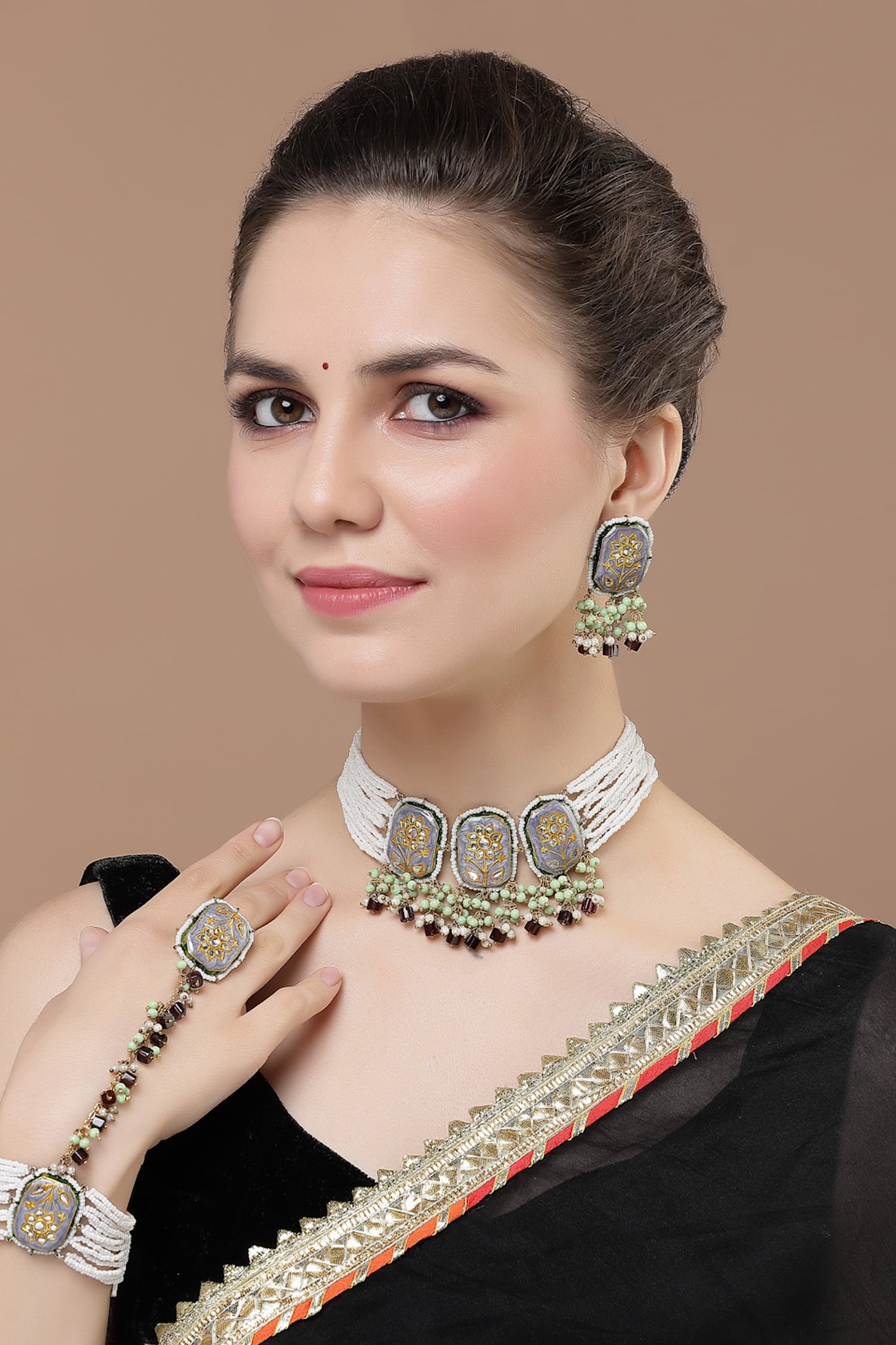 Buy Multi Color Kundan Floral Meenakari Work Haathphool by Dugran By ...