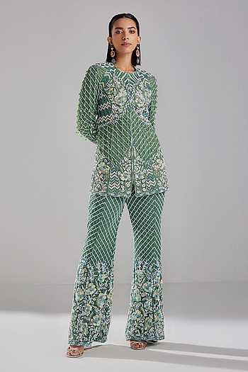 Buy Green Satin Lycra Embroidery Sequins Trellis Blazer Tunic With Pant ...