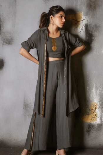 Buy Enech Black Thin Cotton Embellished Long Jacket Palazzo Set Online ...