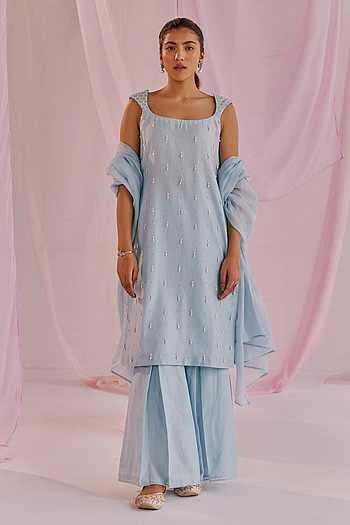 Buy Keosha Blue Silk Chanderi Iris Embellished Kurta Sharara Set Online ...