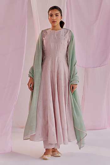 Buy Keosha Silver Silk Chanderi Aleysa Resham Embroidered Kurta And ...
