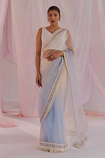 Buy Ivory Saree Silk Organza Embroidered Pearl V Renee With Blouse For ...