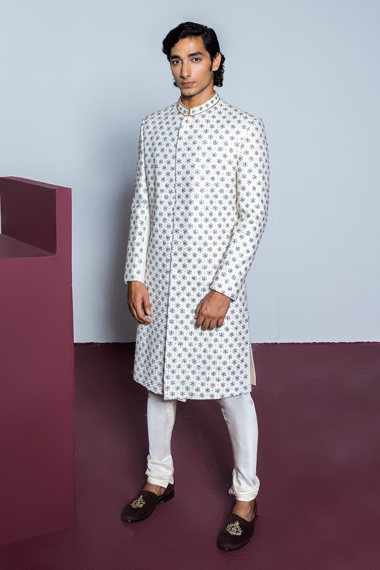Buy Ivory Jacquard Embroidered Zardosi Rose Quartz Sherwani Set For Men ...