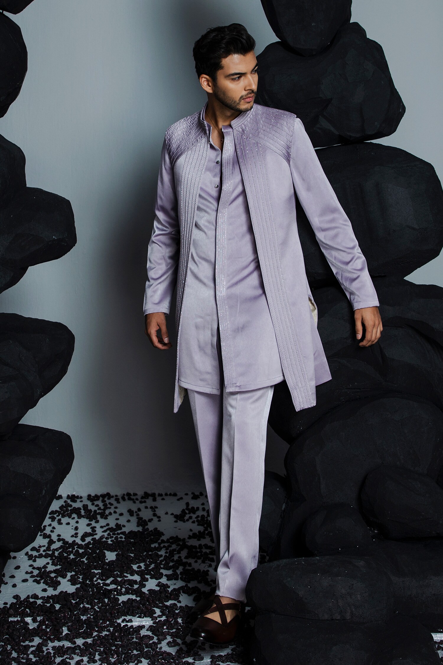 Buy Contrast By Parth Purple Italian Silk Misty Dori Work Shrug Pant ...