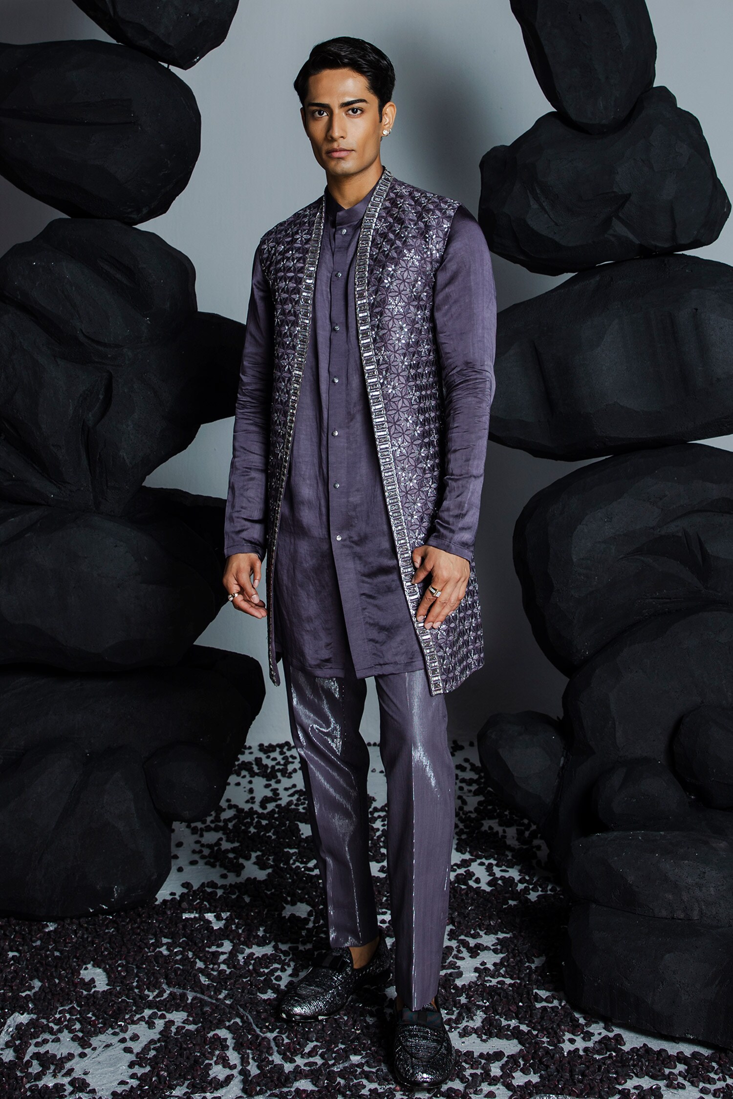 Buy Contrast By Parth Purple Pure Silk Majestic Floral Resham ...