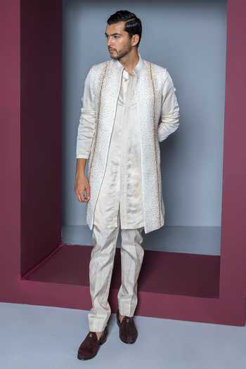 Buy Ivory Jacquard Embroidered Crystals Shrug Pant Set For Men by ...