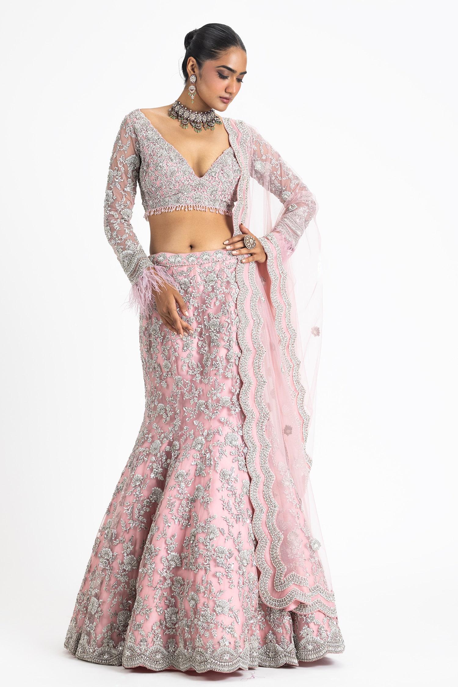 Buy Pink Net Embellished Zari Plunging V Floral Fish Tail Lehenga Set ...