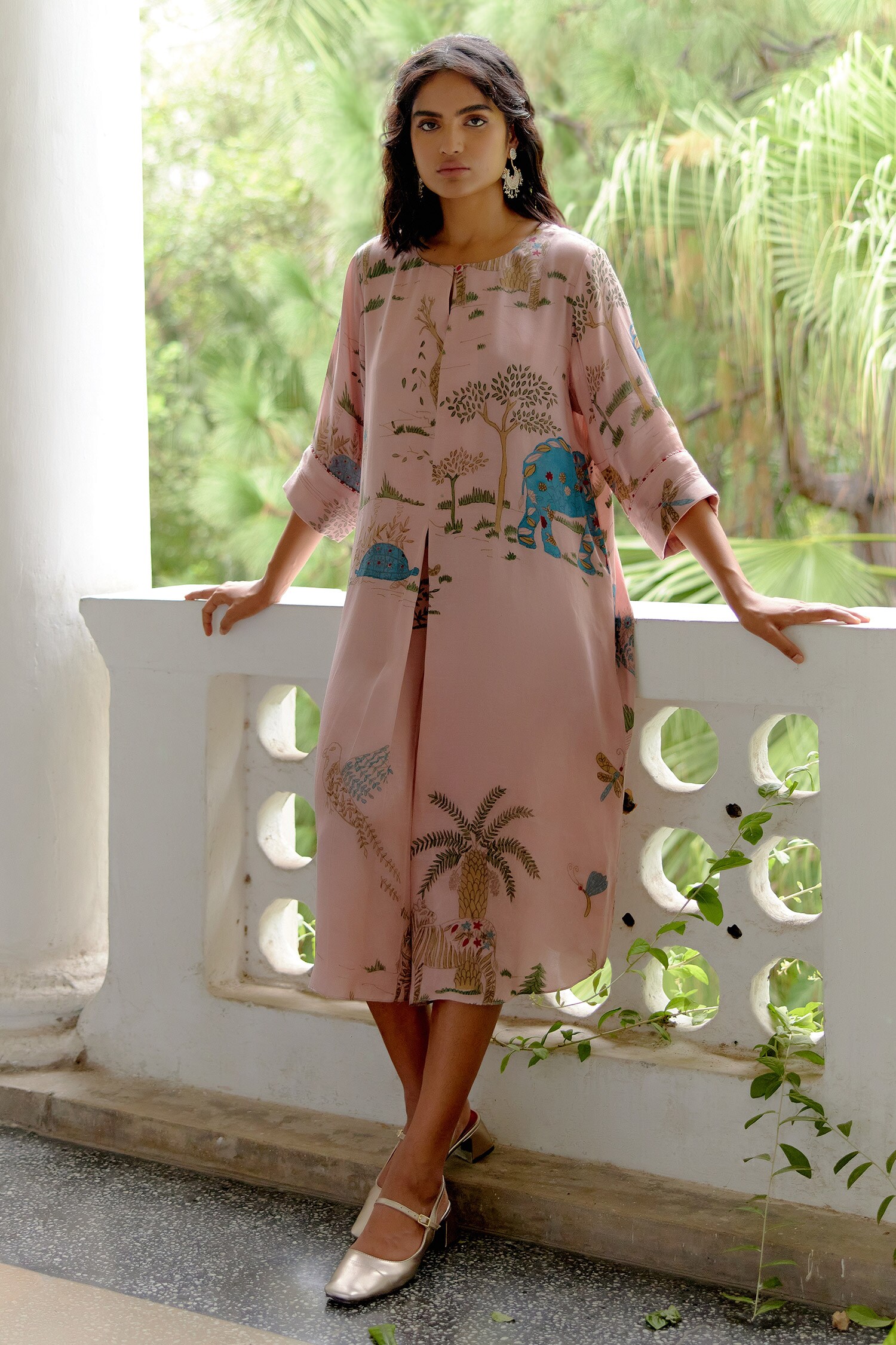 Buy Archana Jaju Pink Satin Silk Hand Painted Jungle Kalamkari Dress ...