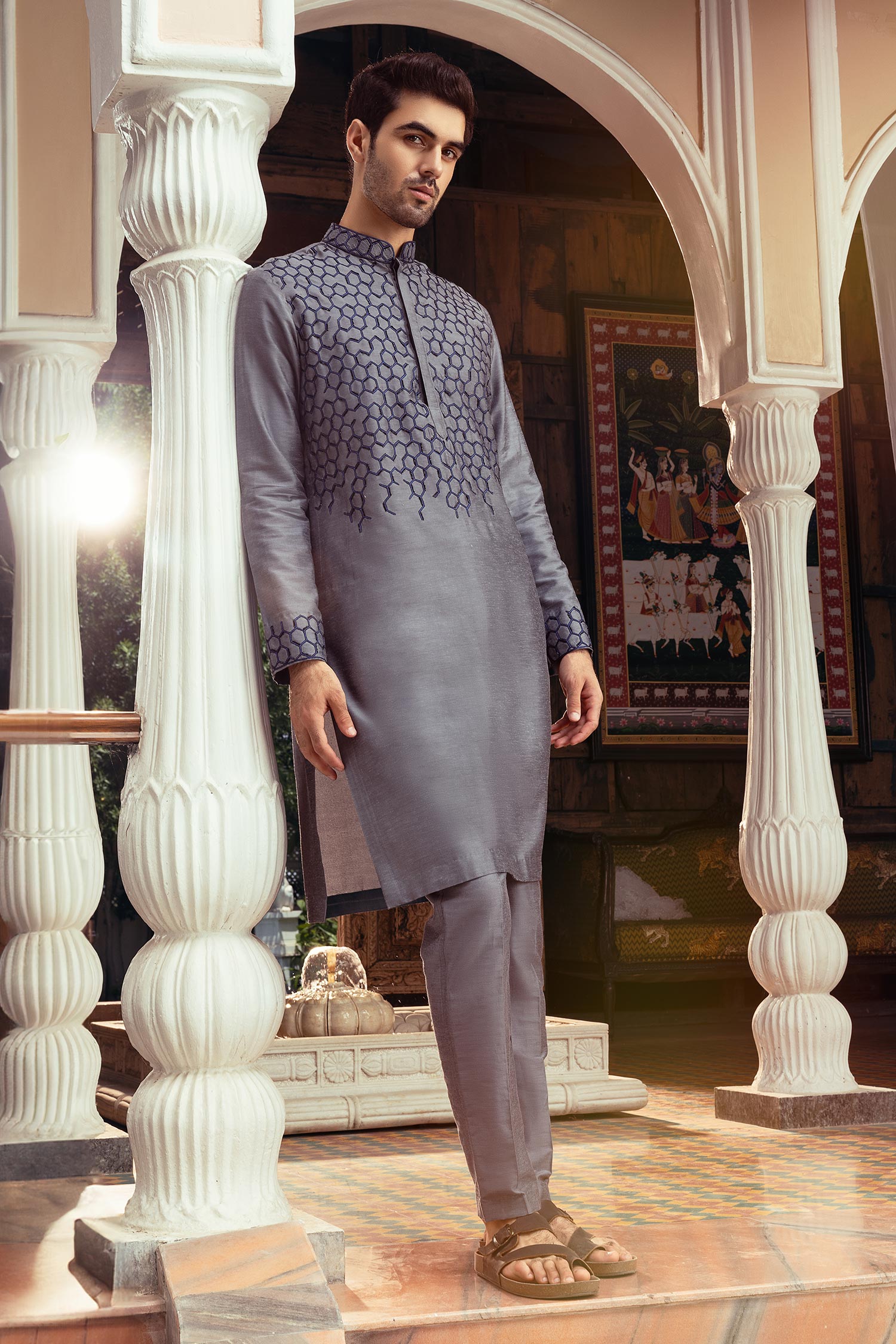 Buy Grey Cotton Silk Embroidery Thread Kurta Set For Men by DiyaRajvvir ...