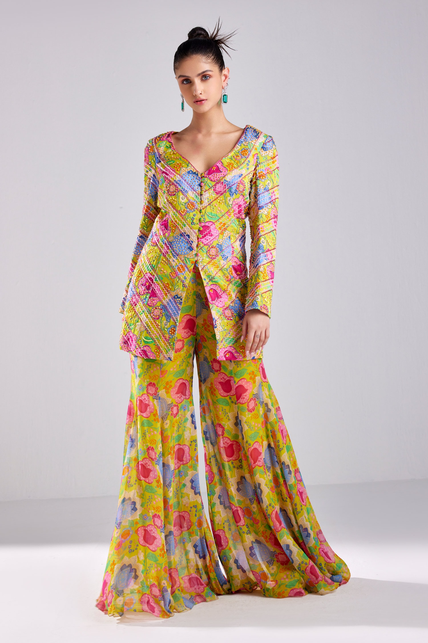 Buy Yellow Modal And Floral Jaal Embroidered Jacket With Bell Bottom ...