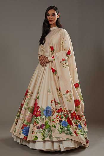 Buy Rohit Bal Ivory Silk Chanderi Roseate Print Anarkali Set Online ...