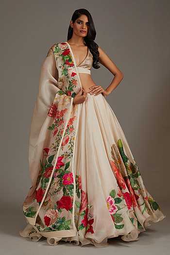 Buy Rohit Bal Ivory Organza Botanical Floral Print Embellished Lehenga ...