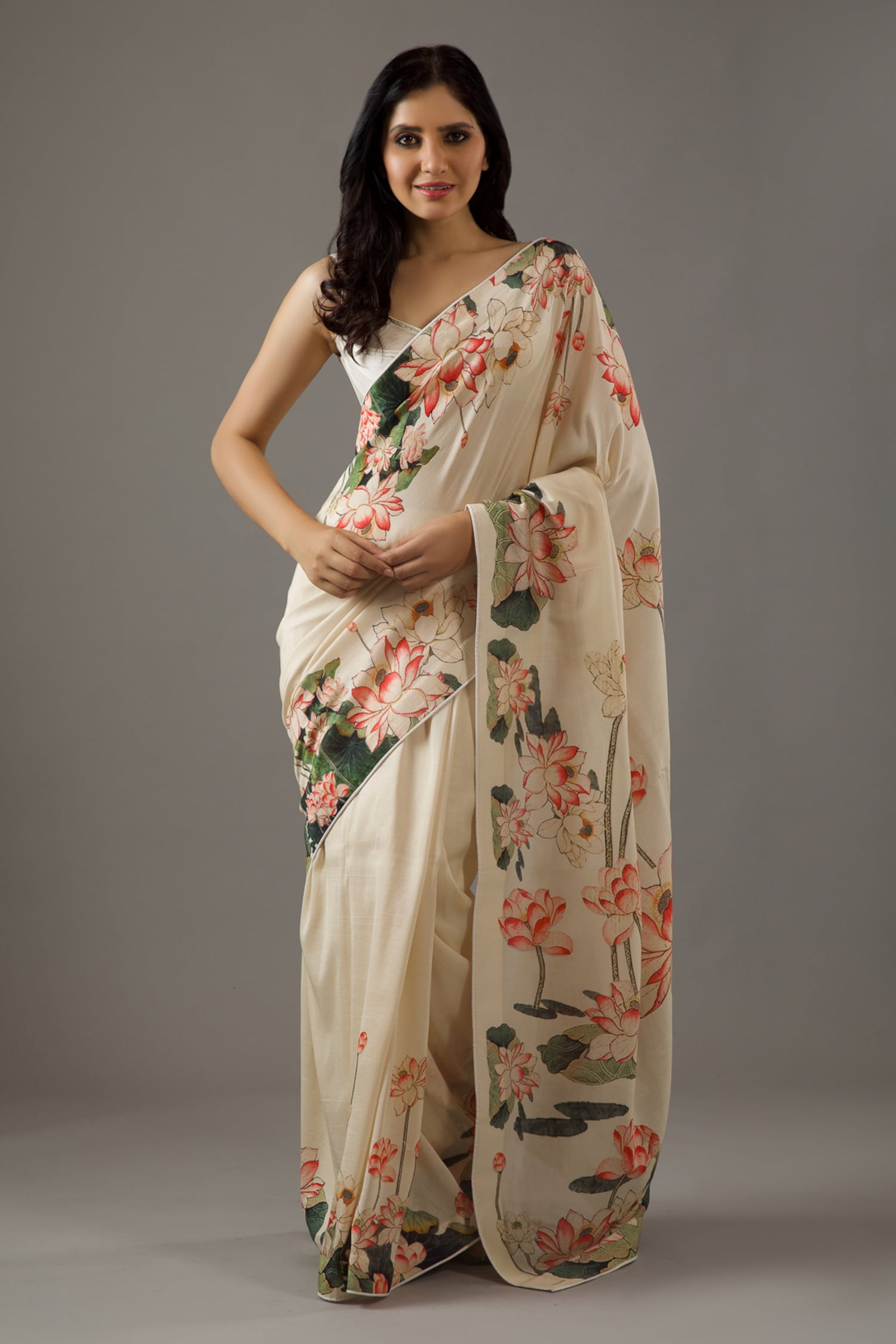 Buy Ivory Silk Chanderi Printed Lotus Saree With Unstitched Blouse ...