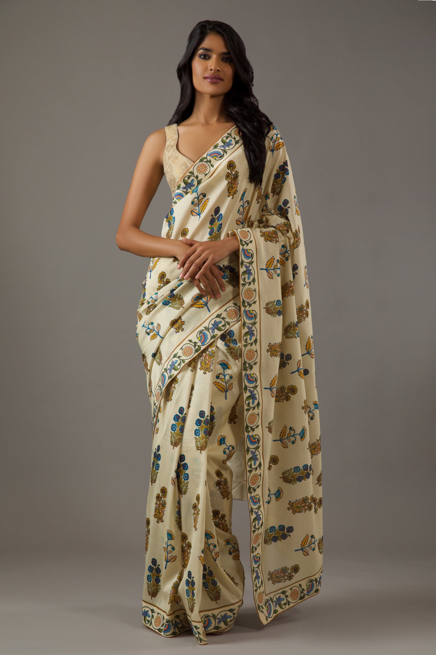 Buy Rohit Bal Ivory Silk Chanderi Floral Mughal Print Saree With ...