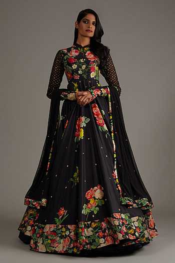 Buy Rohit Bal Black Silk Chnaderi Blossom Print Anarkali With Dupatta ...