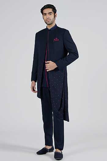 Buy Blue Poly Blend Embroidered Thread Work Asymmetric Sherwani For Men ...