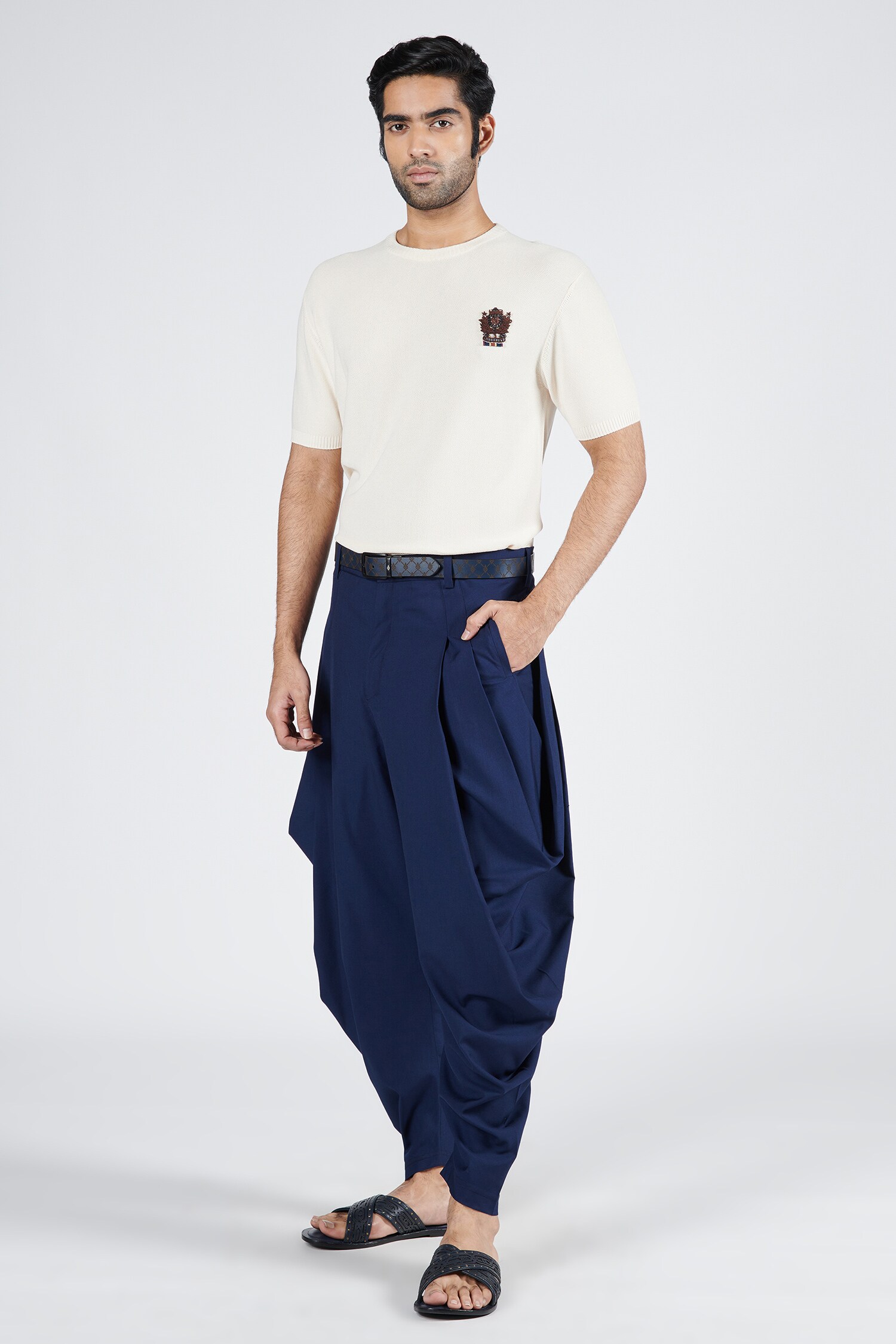 Buy Blue Terylene Plain Cowl Pleated Draped Pant For Men by S&N by ...