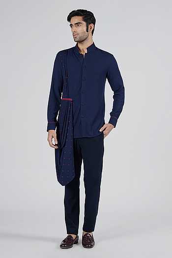 Buy Blue Terylene Embroidered Thread Draped Shirt For Men by S&N by ...