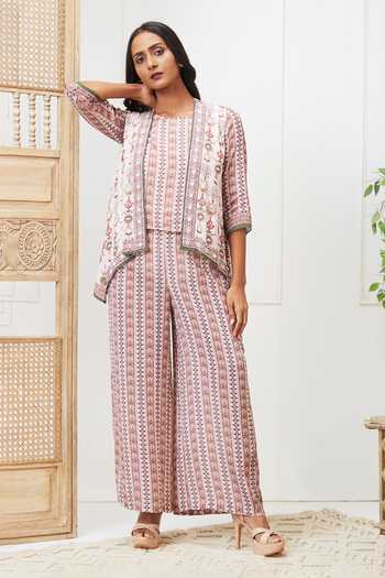 Buy Pink Crepe Printed Floral Round Tabriz Jacket Palazzo Set For Women ...