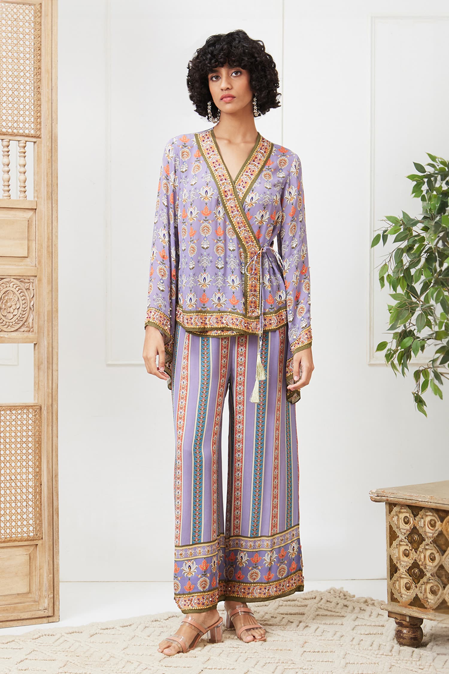 Buy Purple Crepe Printed Floral V Neck Tabriz Angrakha And Pant Set For ...