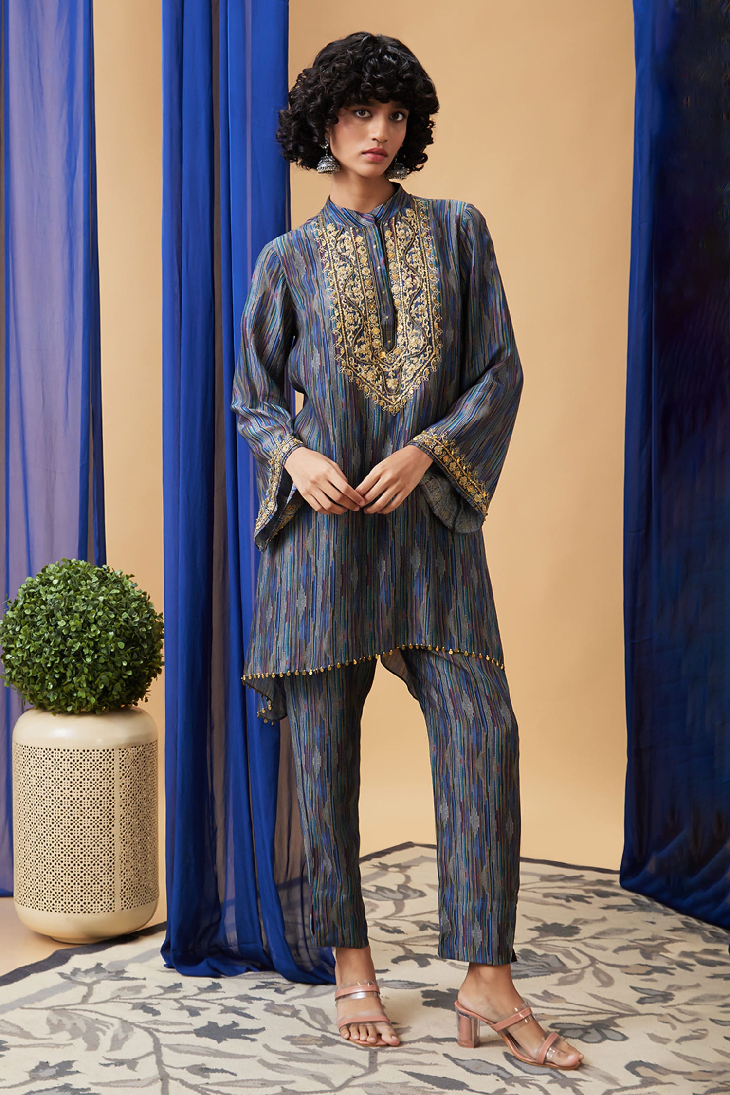 Buy Soup by Sougat Paul Blue Silk Elara Embroidered Kurta And Pant Set Online | Aza Fashions