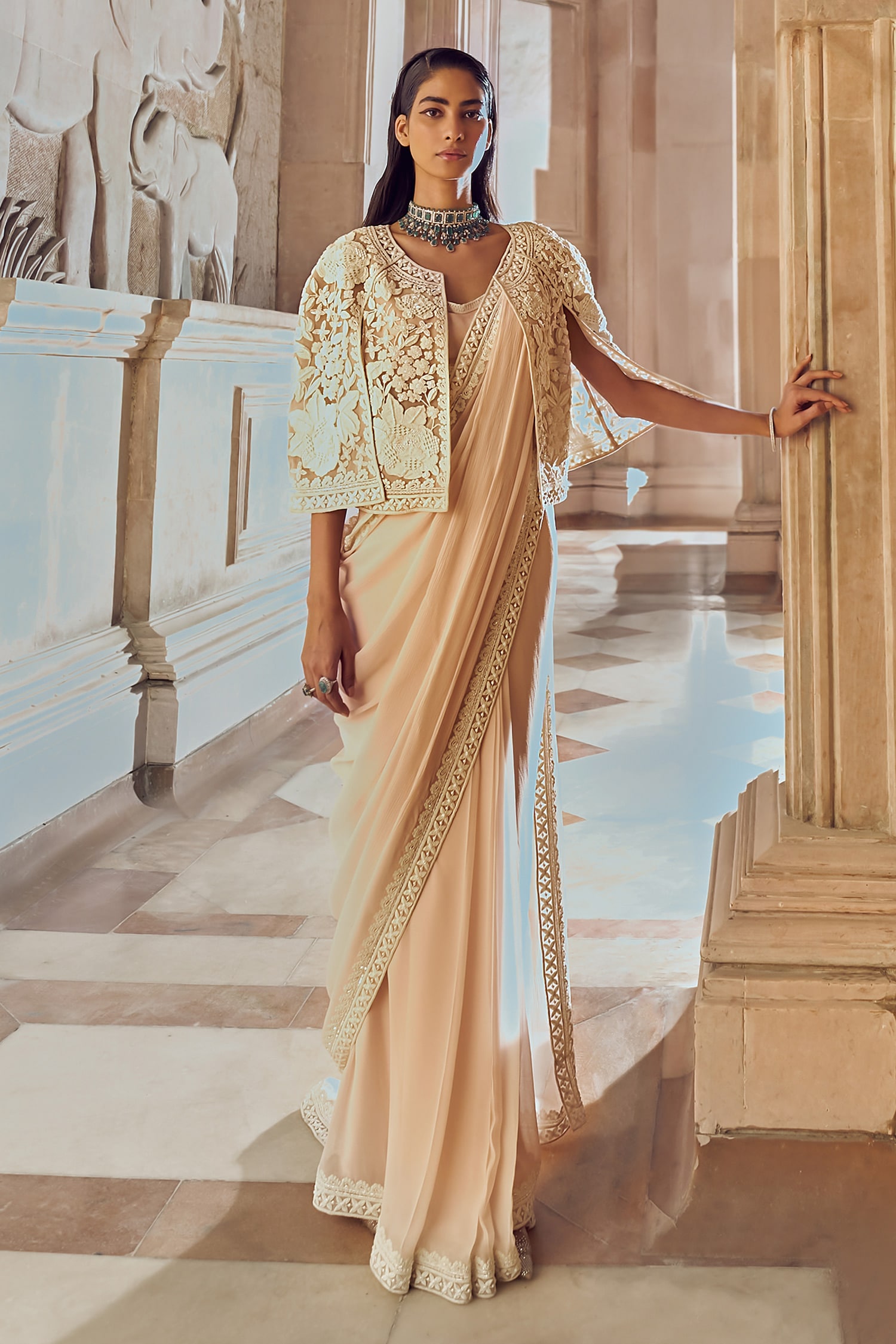 Buy Pink Blouse Dupion Silk Hand Embellished Mir Chiffon Saree Set For