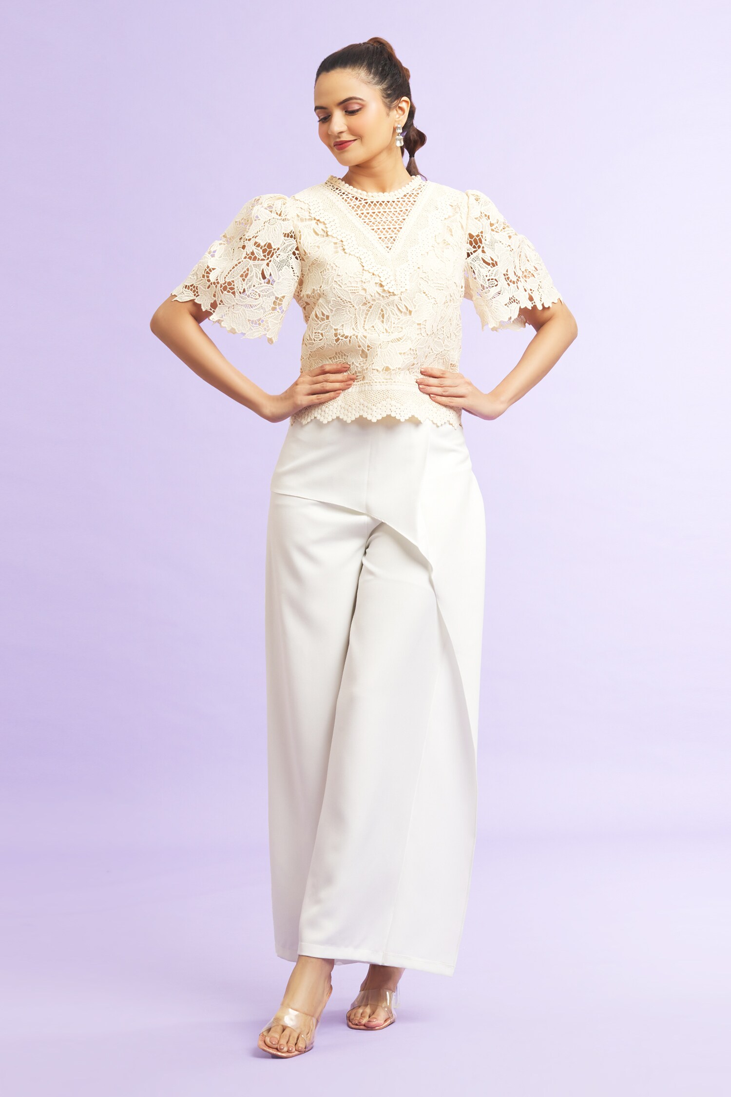 Buy Cream Lace Embroidered Floral Round Cutwork Top For Women by ...