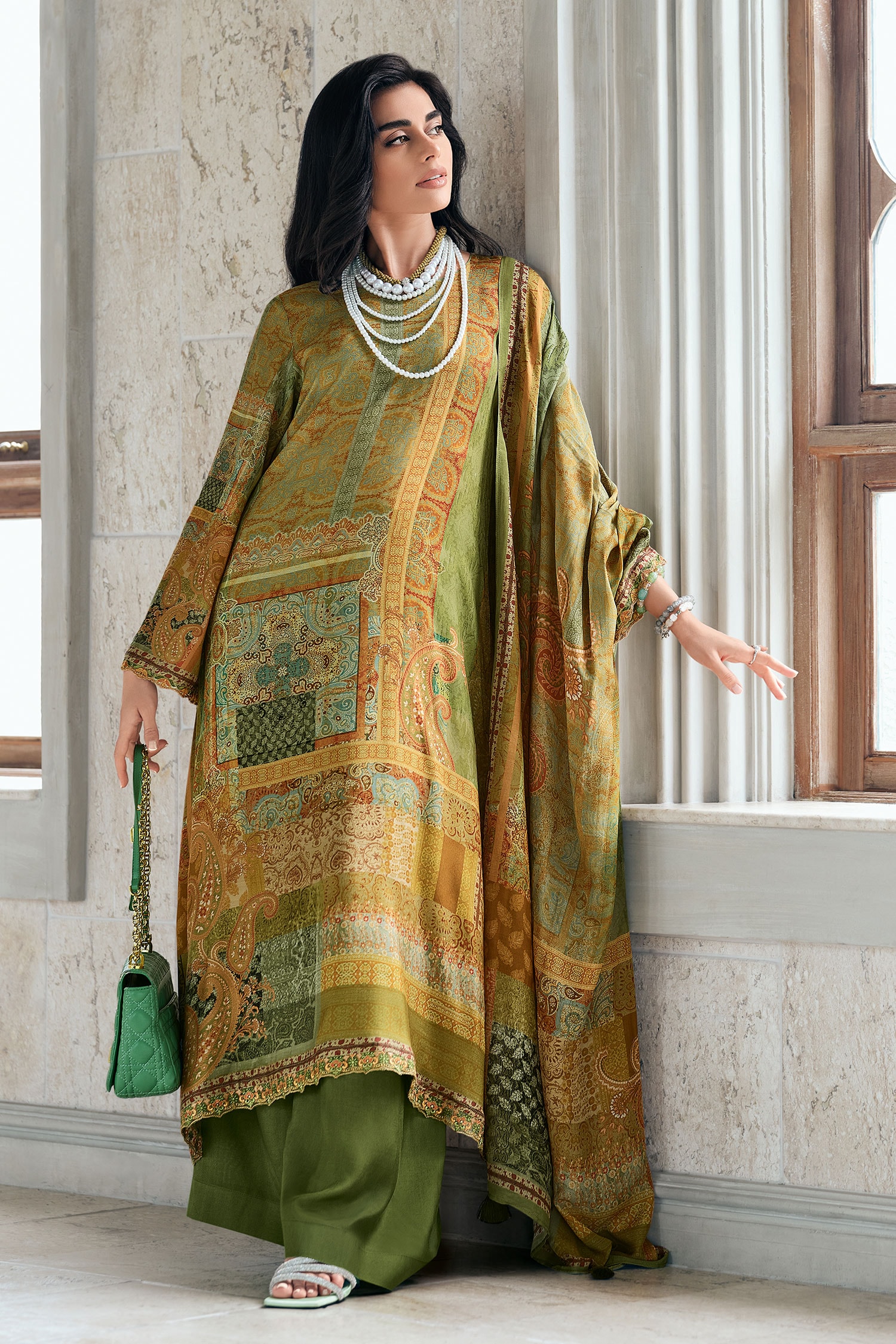 Buy Green Kurta Viscose Muslin Printed Paisley Round Flowy Pant Set For ...