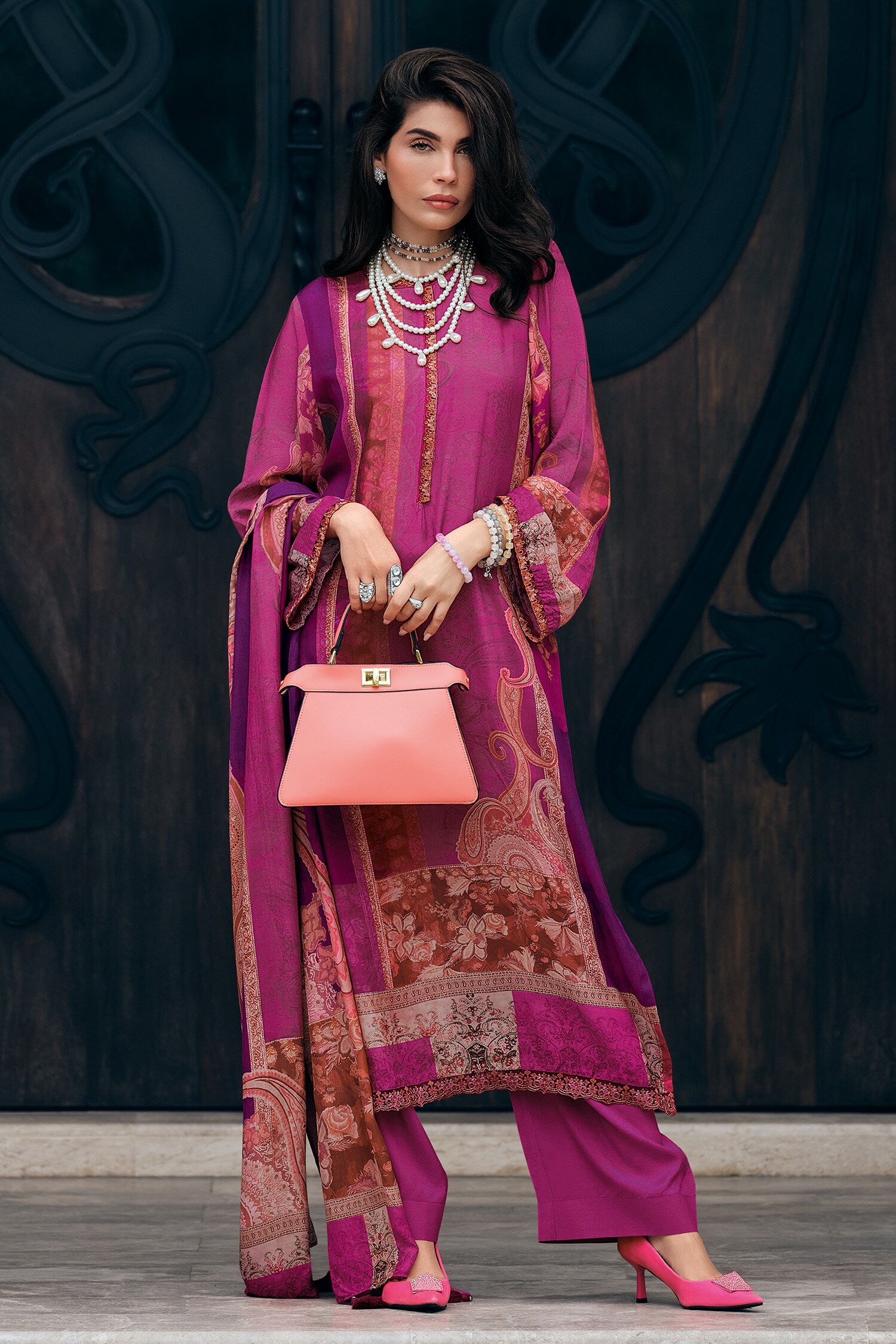 Buy Magenta Kurta Viscose Muslin Printed Paisley Round Straight Pant ...