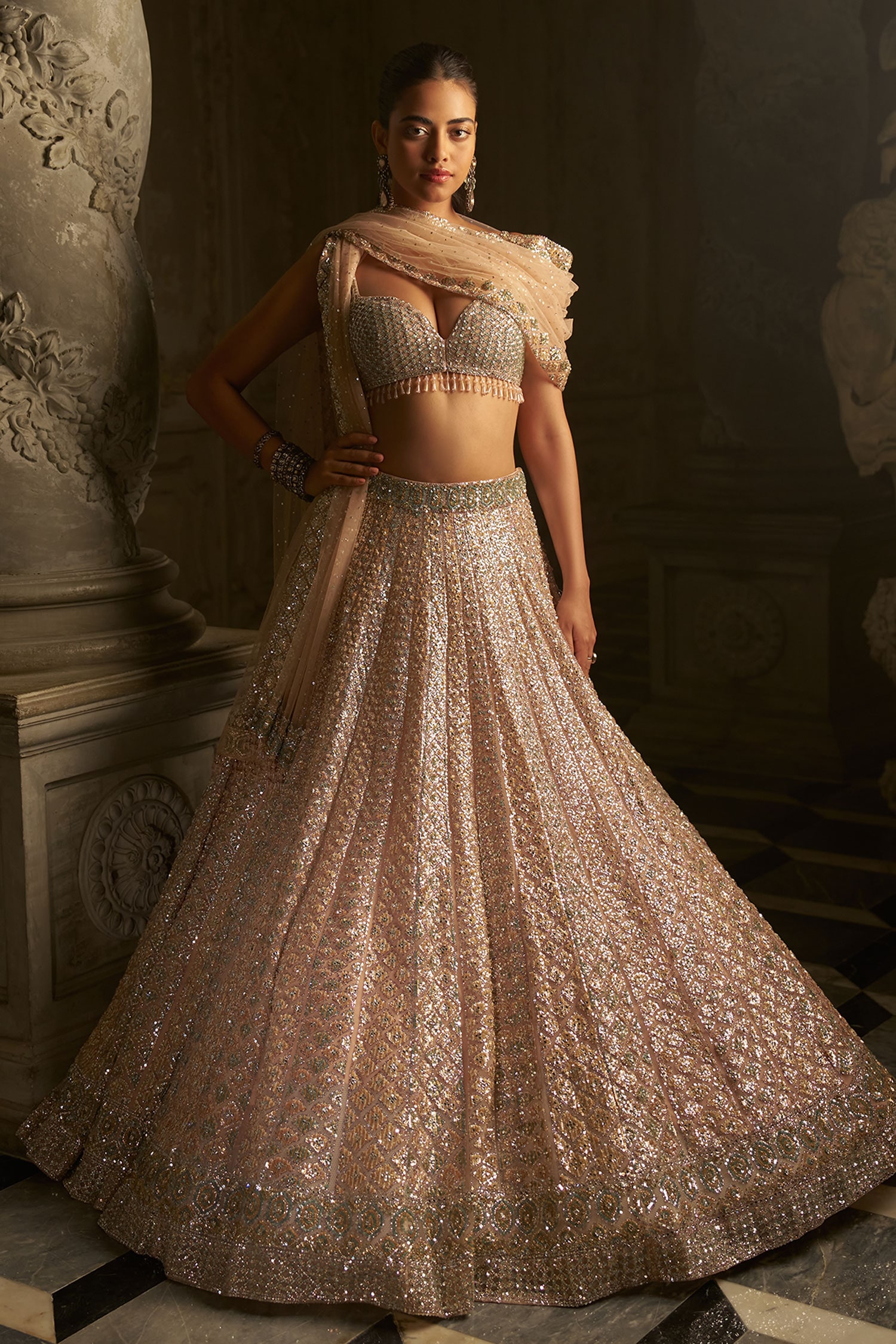 Buy Peach Net Embroidery Tonal Sequin Sweetheart Neck Bridal Lehenga