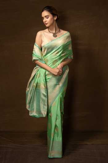 Buy Green Pure Silk Woven Floral Banarasi Saree With Running Blouse For ...
