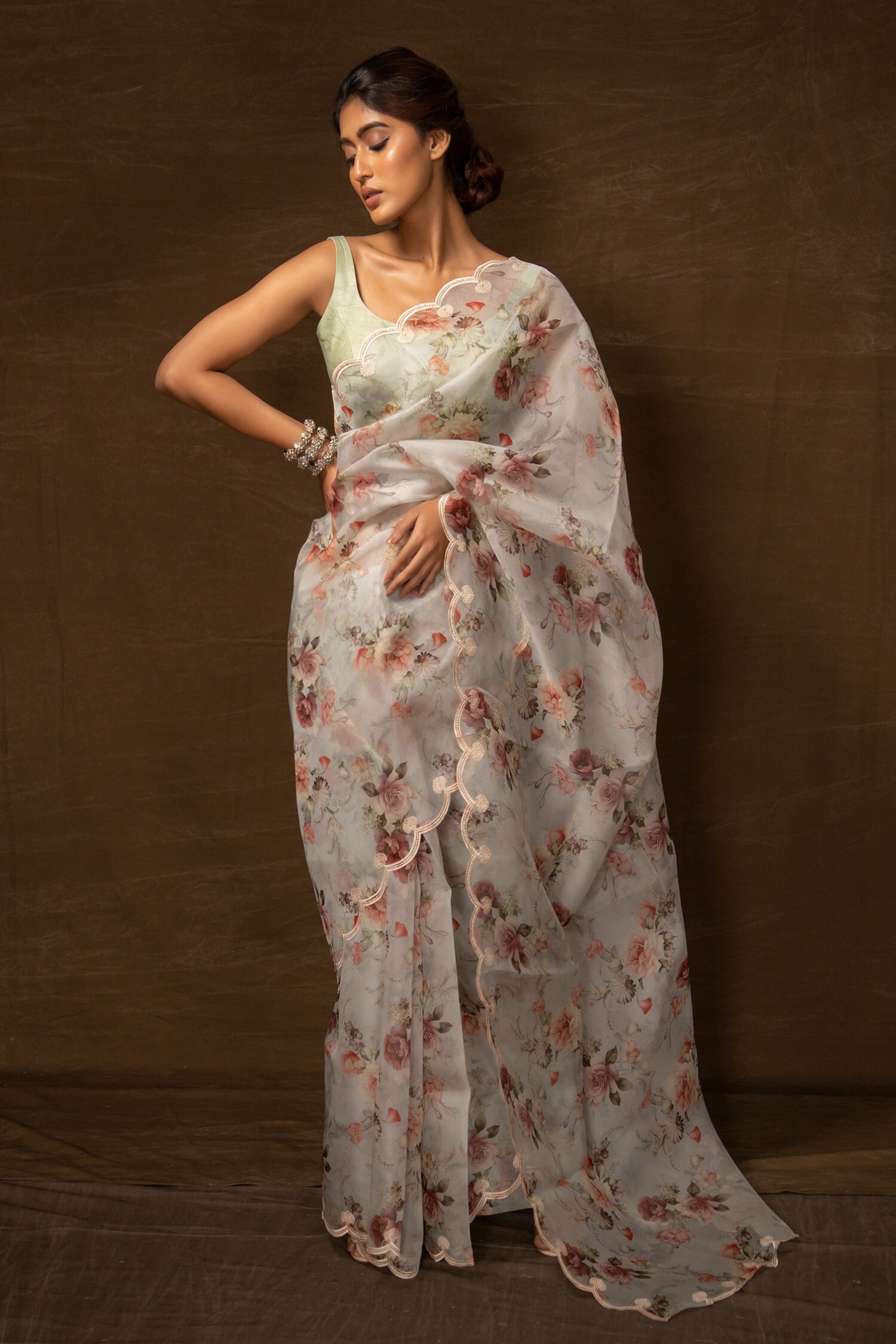 Buy Silver Kora Silk Printed Floral Saree With Running Blouse For Women ...