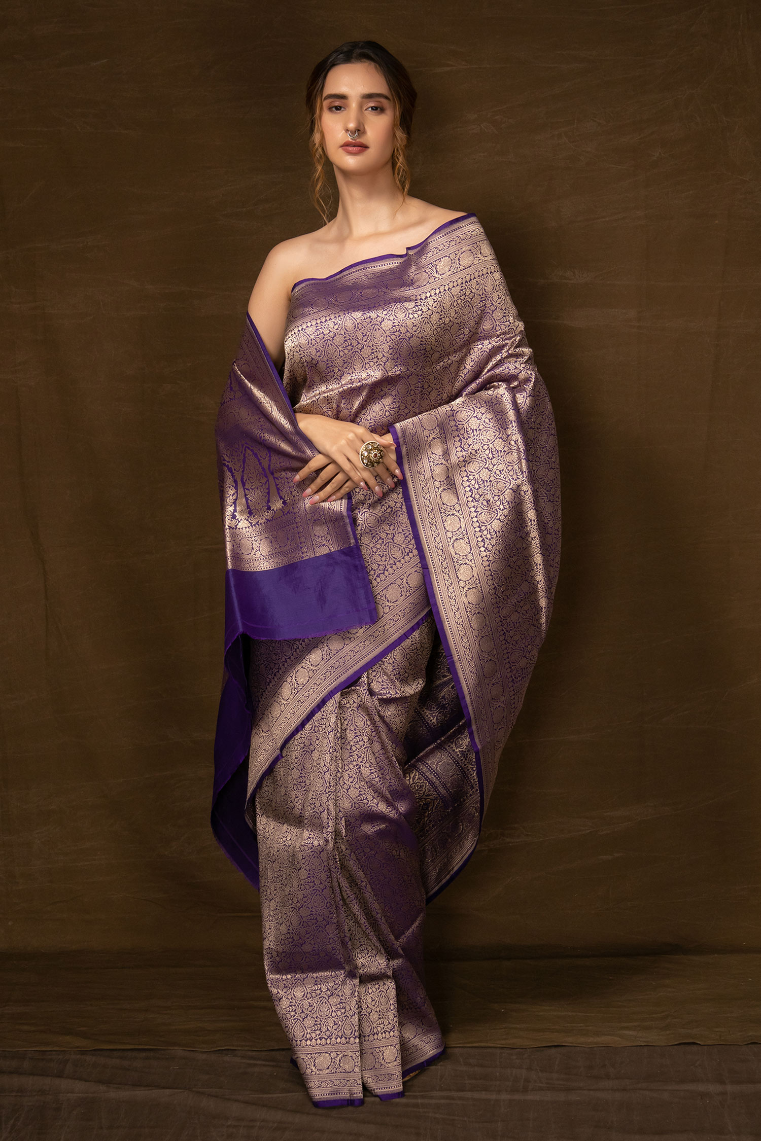Buy Pinki Sinha Purple Silk Blossom Woven Saree With Running Blouse ...