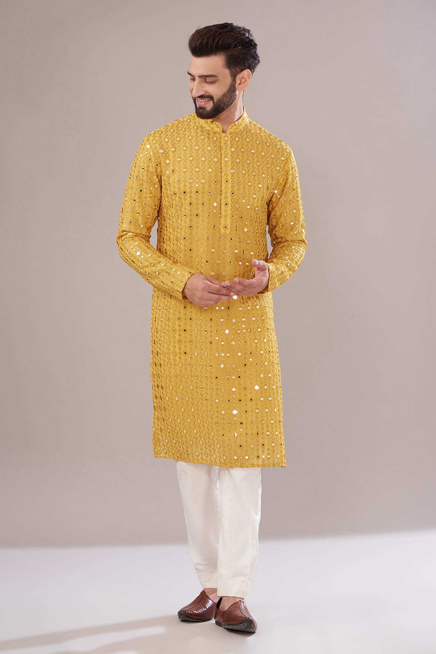 Buy Yellow Georgette Embroidered Thread Mirror Kurta For Men by Kasbah ...