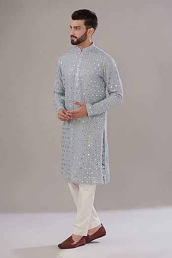 Buy Blue Georgette Embroidered Thread Mirror Work Straight Kurta For ...