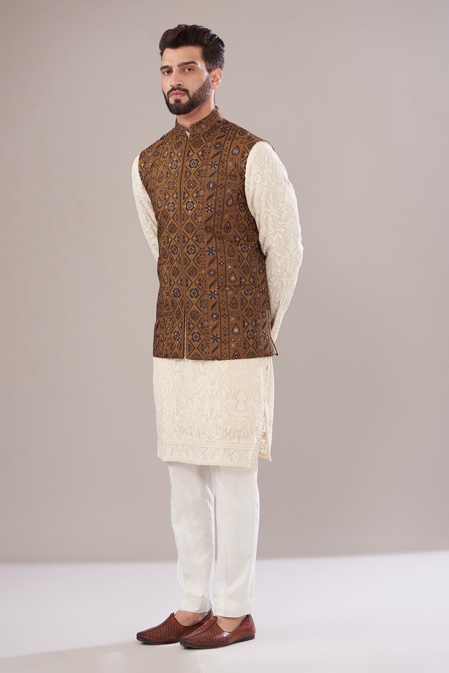 Buy Kasbah Yellow Silk Floral Embroidered Nehru Jacket Online | Aza ...