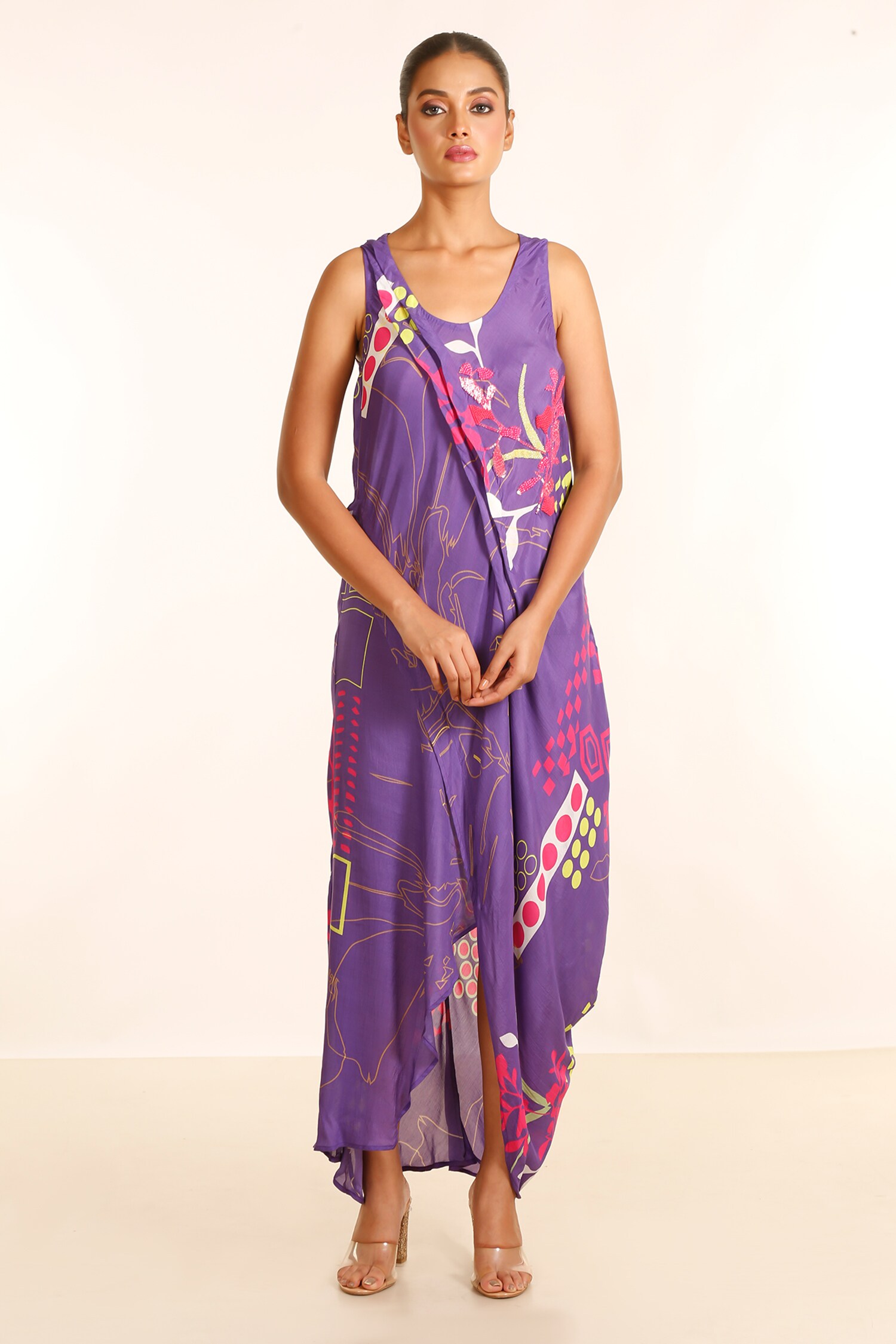 Buy Garo Purple Silk Muslin Pleated Draped Dress Online | Aza Fashions