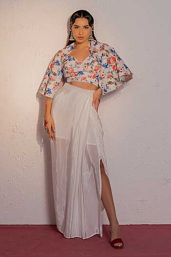 Buy Redpine Designs White Floral Bloom Print Short Cape Skirt Set ...