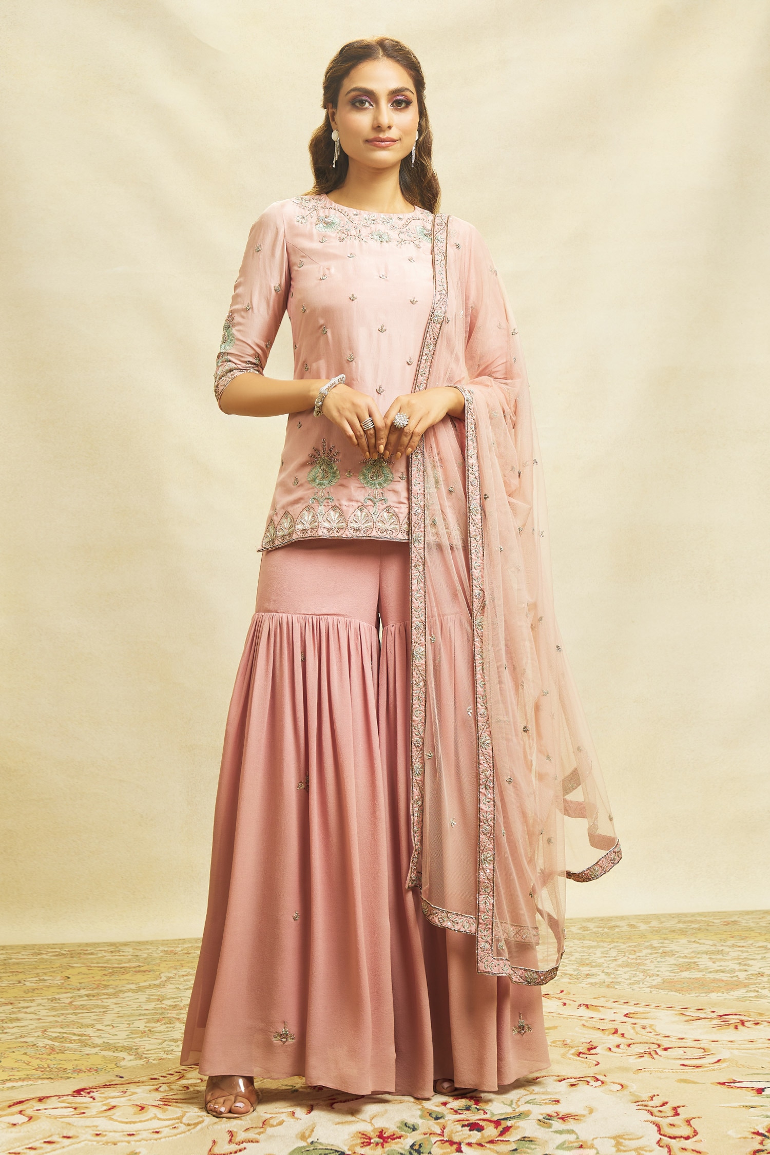 Buy Pink Kurta: Silk Hand Embroidered Aari And Zardozi Floral Sharara ...