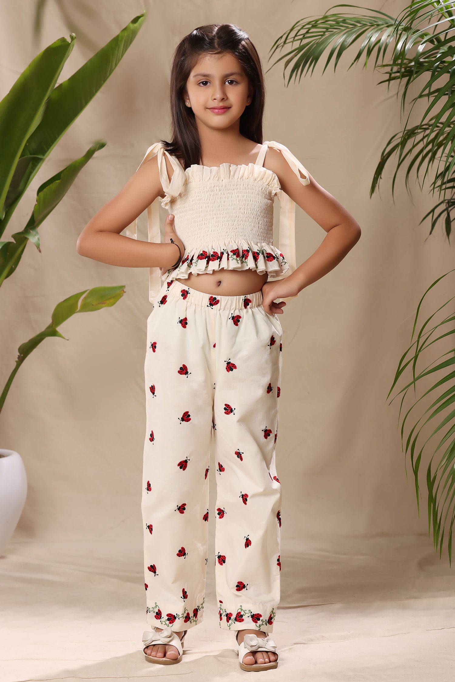 Buy Off White Soft Cotton Cambric Embroidery Smocked Top And Pant Set ...