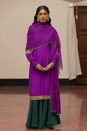 Buy Purple Kurta Embroidered Floral Round Kishori Sharara Set For Women ...