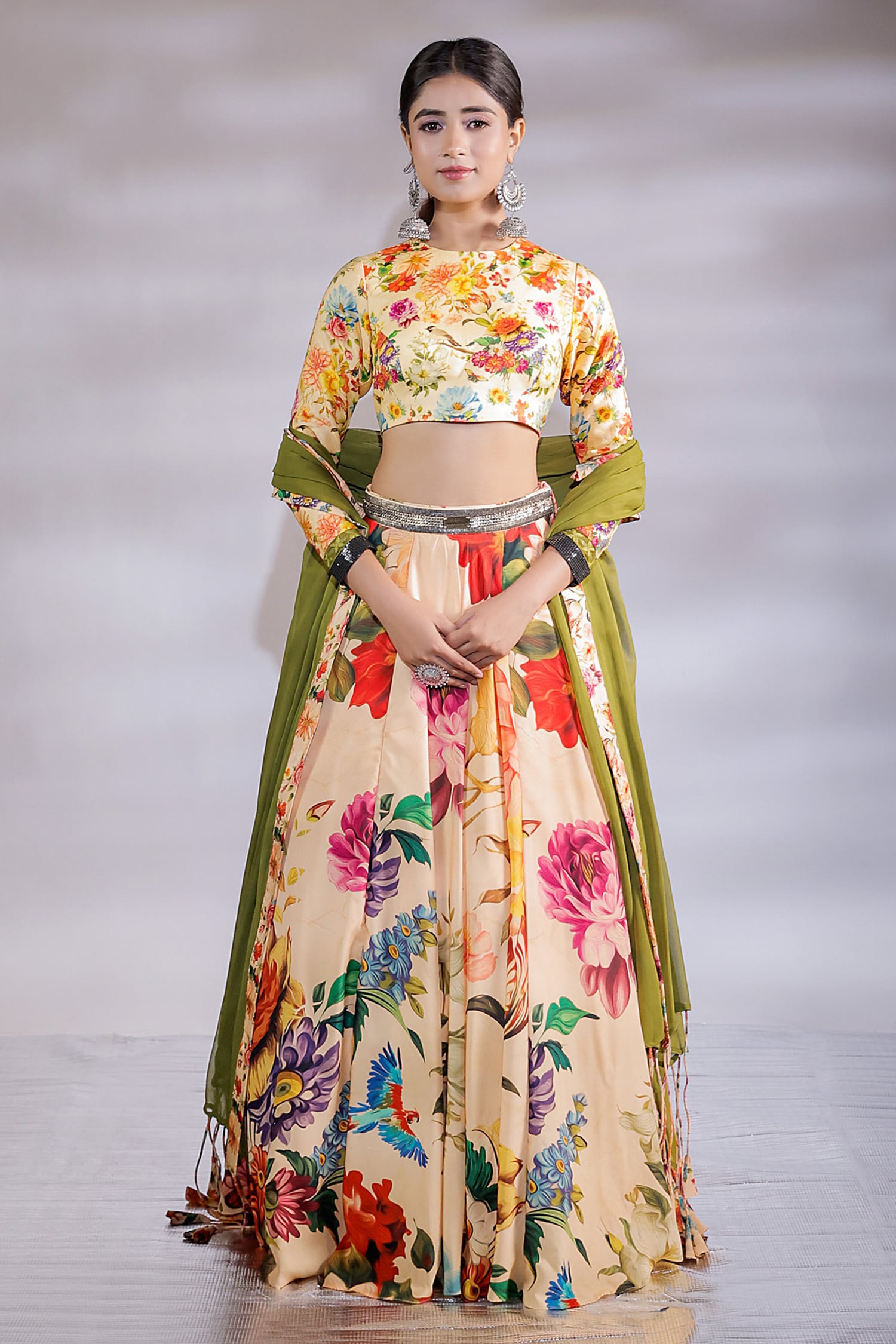 Buy Multi Color Blouse: Cotton Silk Printed Floral Blossom Lehenga Set ...
