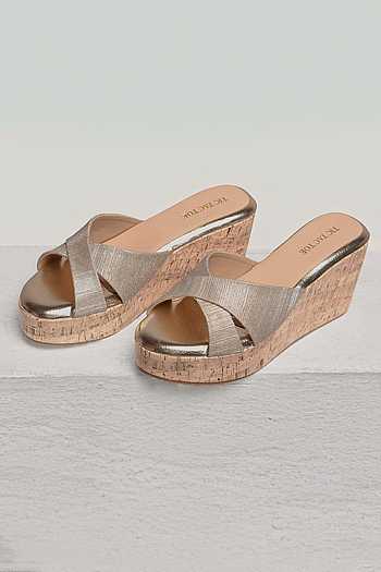 Buy Gold Textured Strap Wedges by Tic Tac Toe Footwear Online at Aza ...