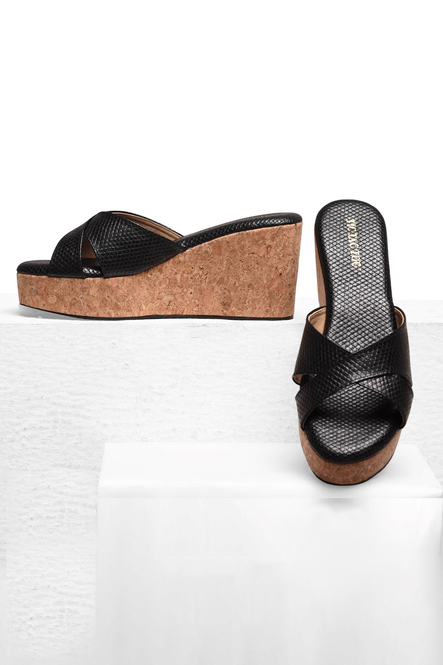 Buy Tic Tac Toe Footwear Black Pu Leather Textured Cross Strap Wedges ...