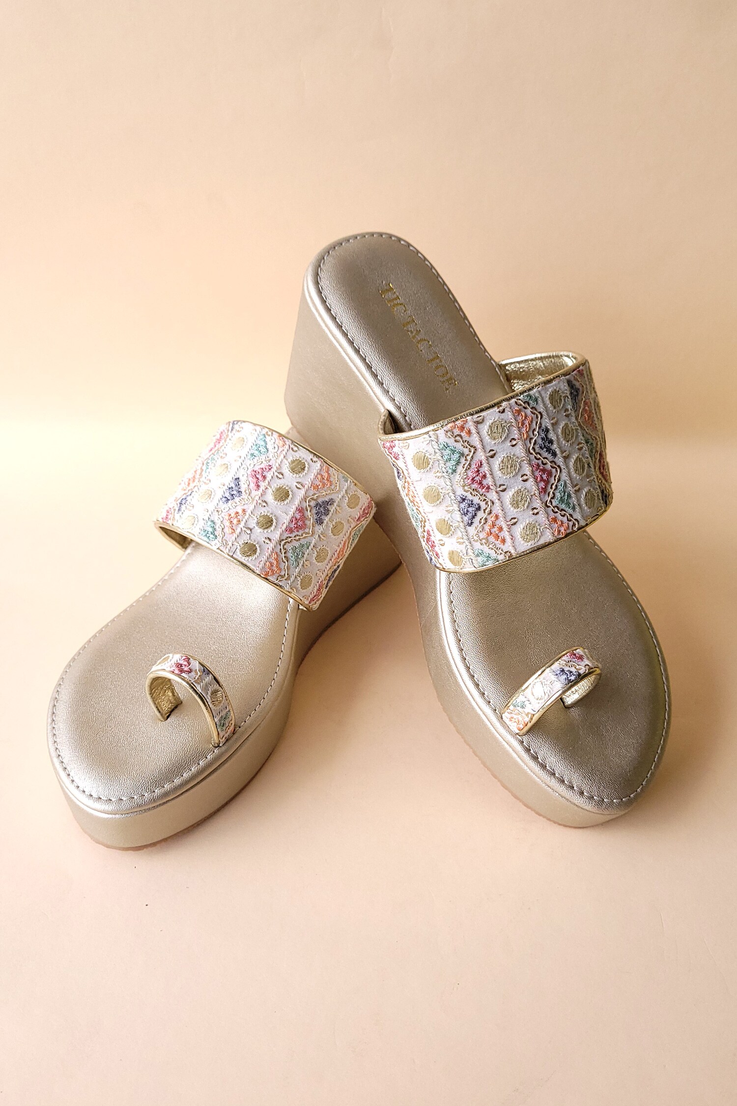 Buy Gold Embroidered Sequin Strap Wedges by Tic Tac Toe Footwear Online ...