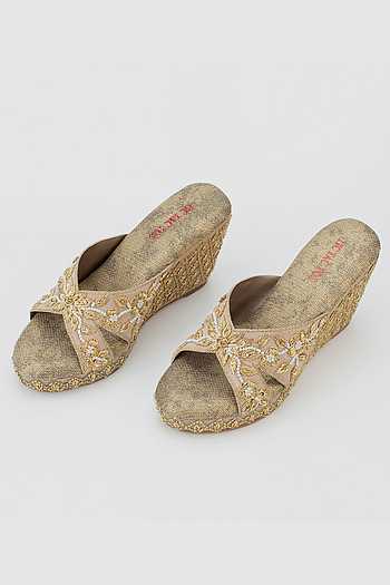 Buy Tic Tac Toe Footwear Gold Pu Leather Zardozi Embroidered Wedges ...