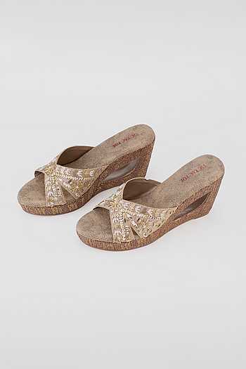 Buy Tic Tac Toe Footwear Beige Pu Leather Pearl Embroidered Cut Heel ...