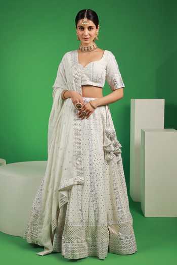 Buy Kohsh White Georgette Mukaish Floral Embroidered Lehenga Set Online ...