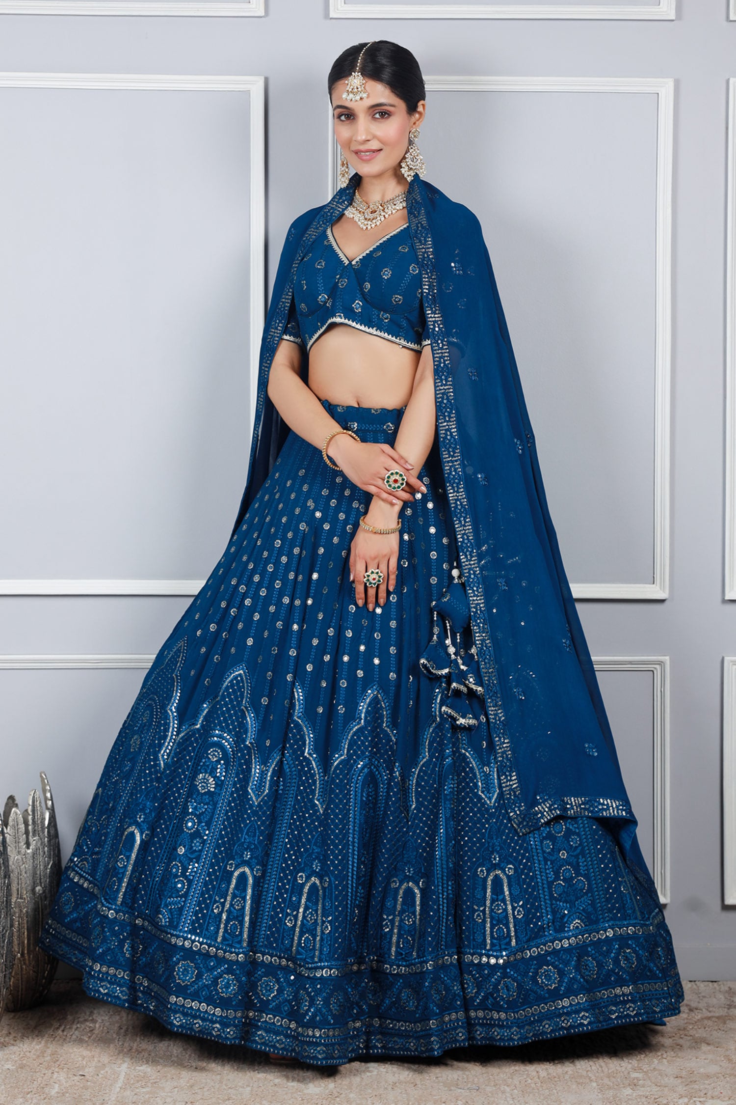 Buy Blue Georgette Embroidered Resham V-neck Jaal Sequin Lehenga Set ...